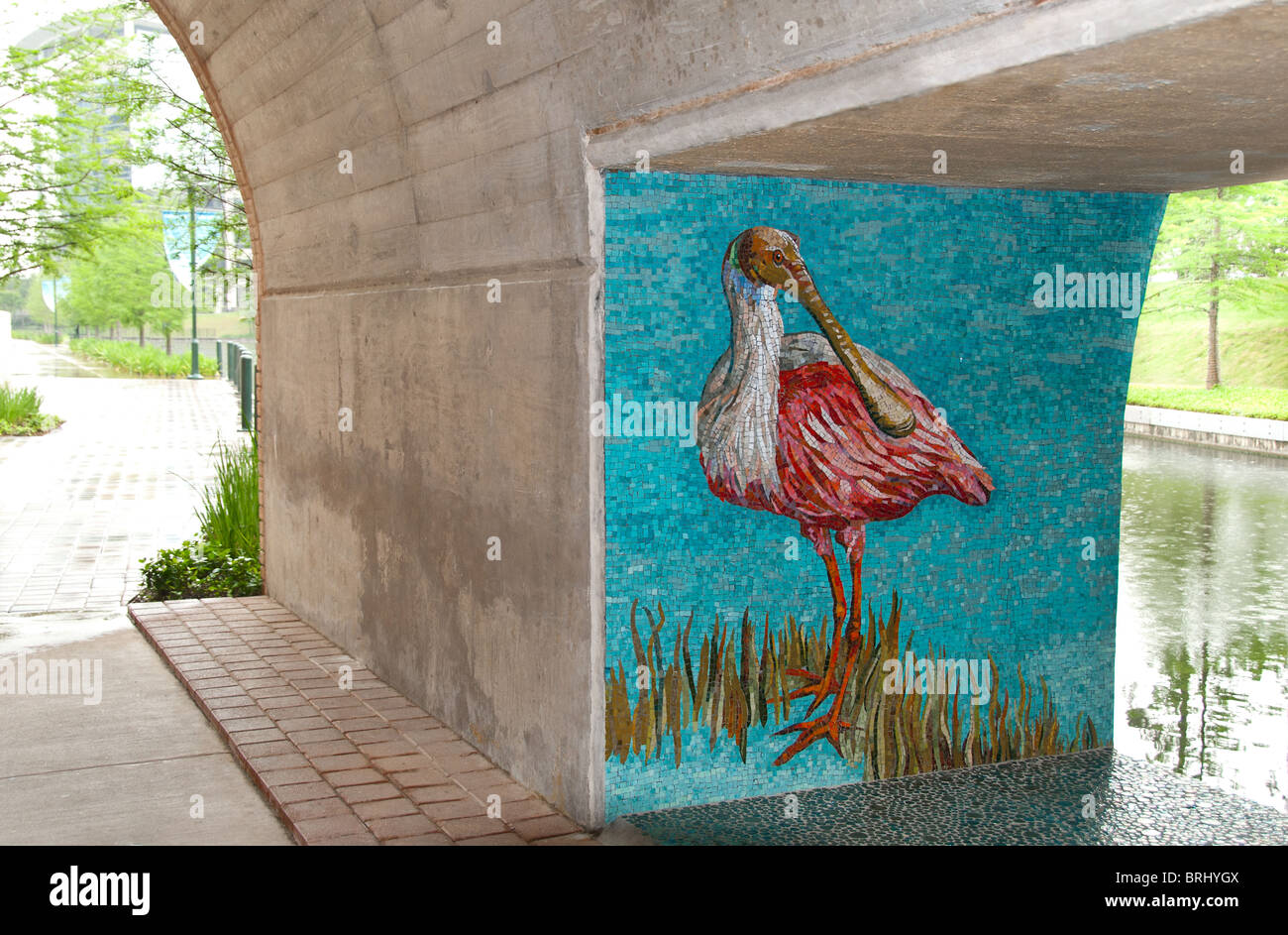 Mosaic tile art along walkway under bridge in The Woodlands, Texas, USA ...