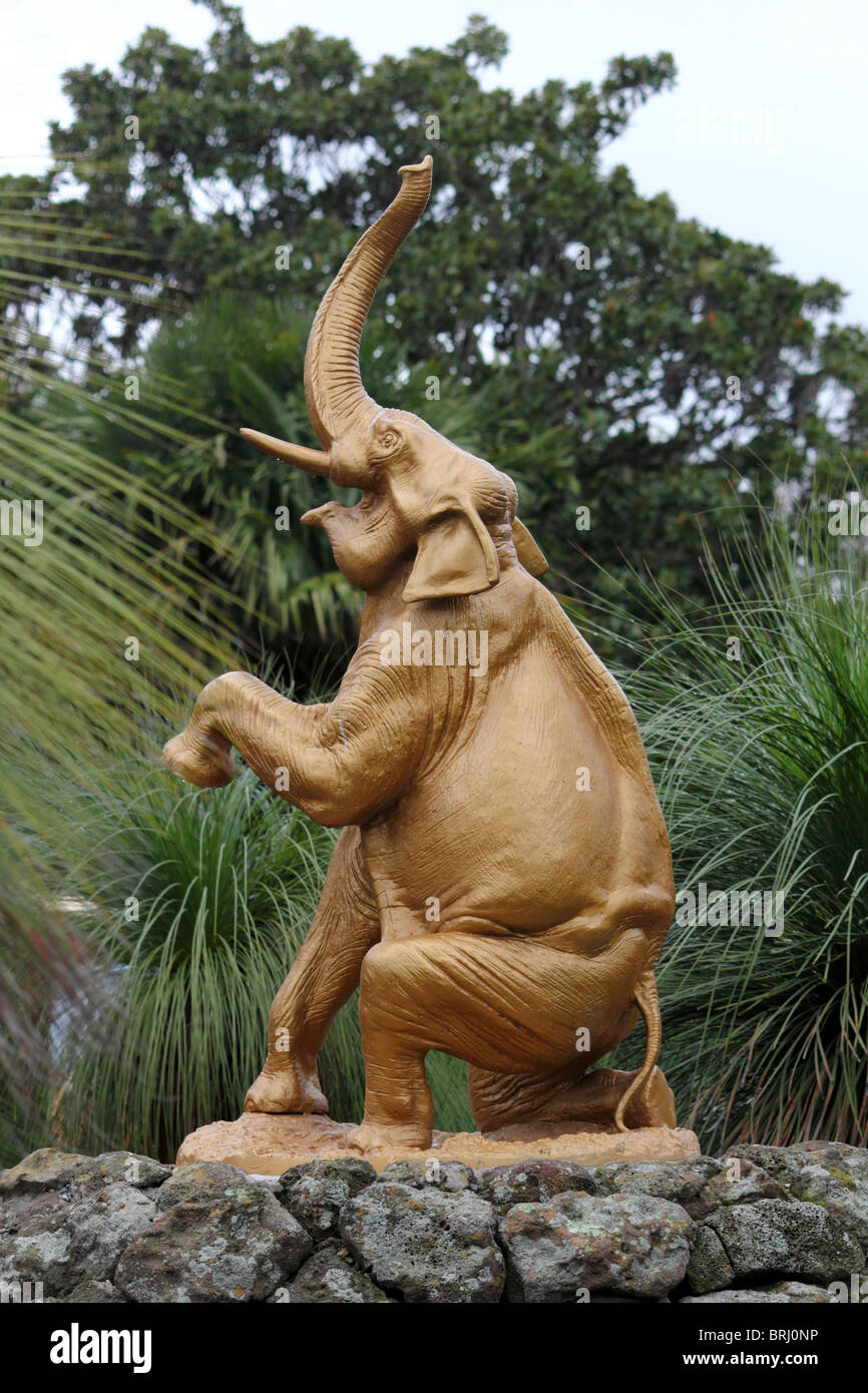 A GOLD COLOURED SCULPTURE OF A CROUCHED ELEPHANT TRUMPETTING IN A ...