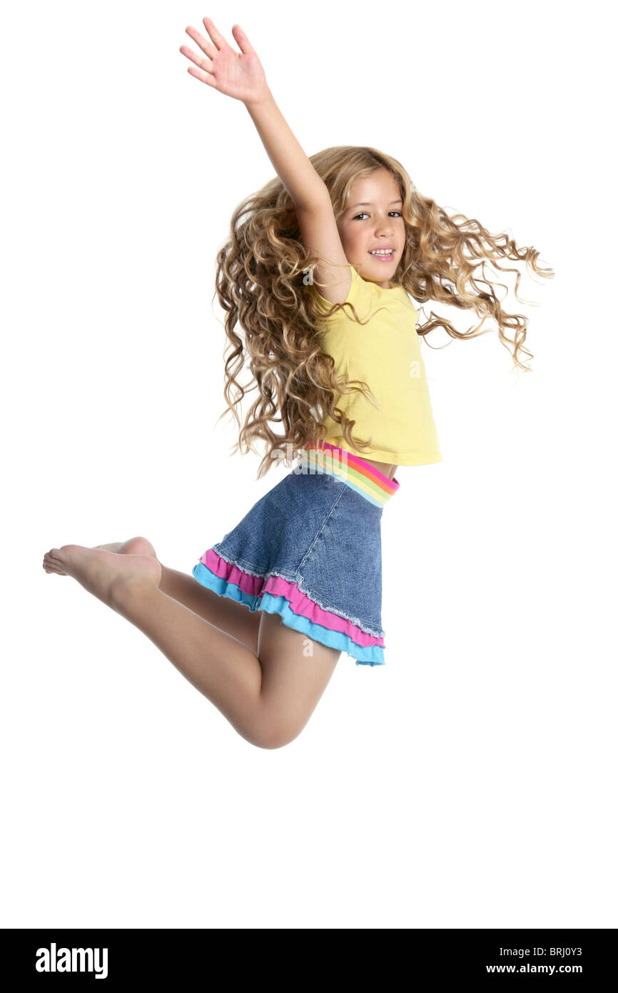 little beautiful girl fly jumping isolated on white studio background ...