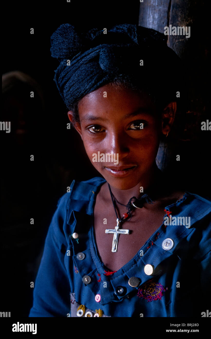 A Coptic Christian girl inside a rural house, Ethiopia, Africa Stock ...