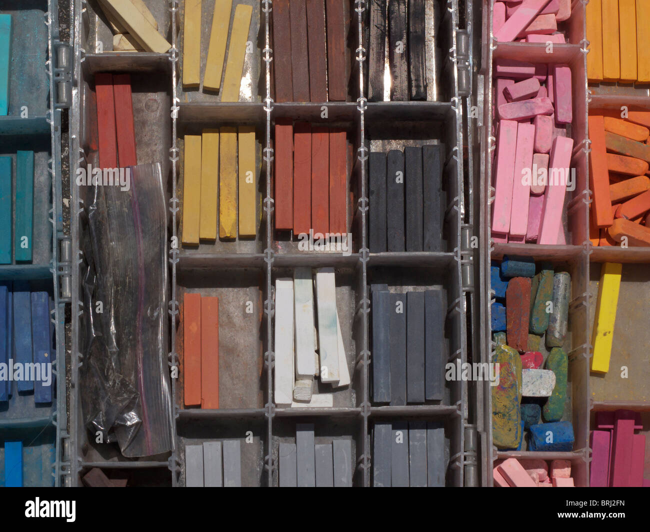 Close up of a container of chalk for street painting in the Italian ...