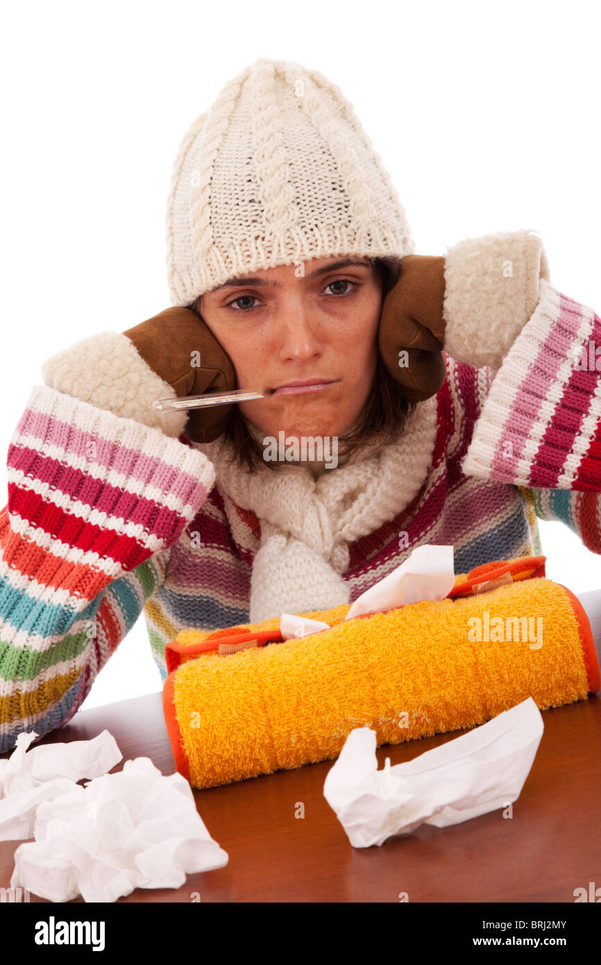sad woman with flu symptom and a thermometer in her mouth (isolated on ...