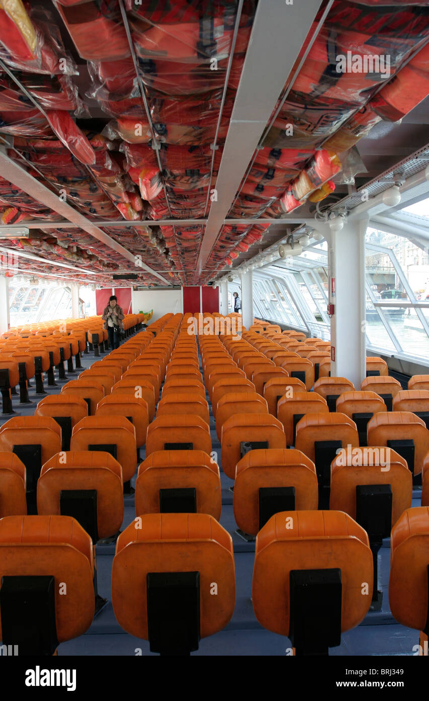 Interior of a cruise boat at River Seine in Paris, France Stock Photo ...