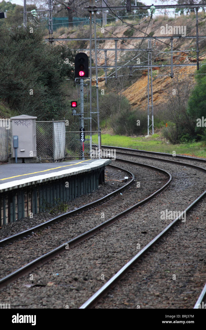 RAILWAY TRACKS WITH A TRAIN APPROACHING THE PLATFORM DESTINATION ...
