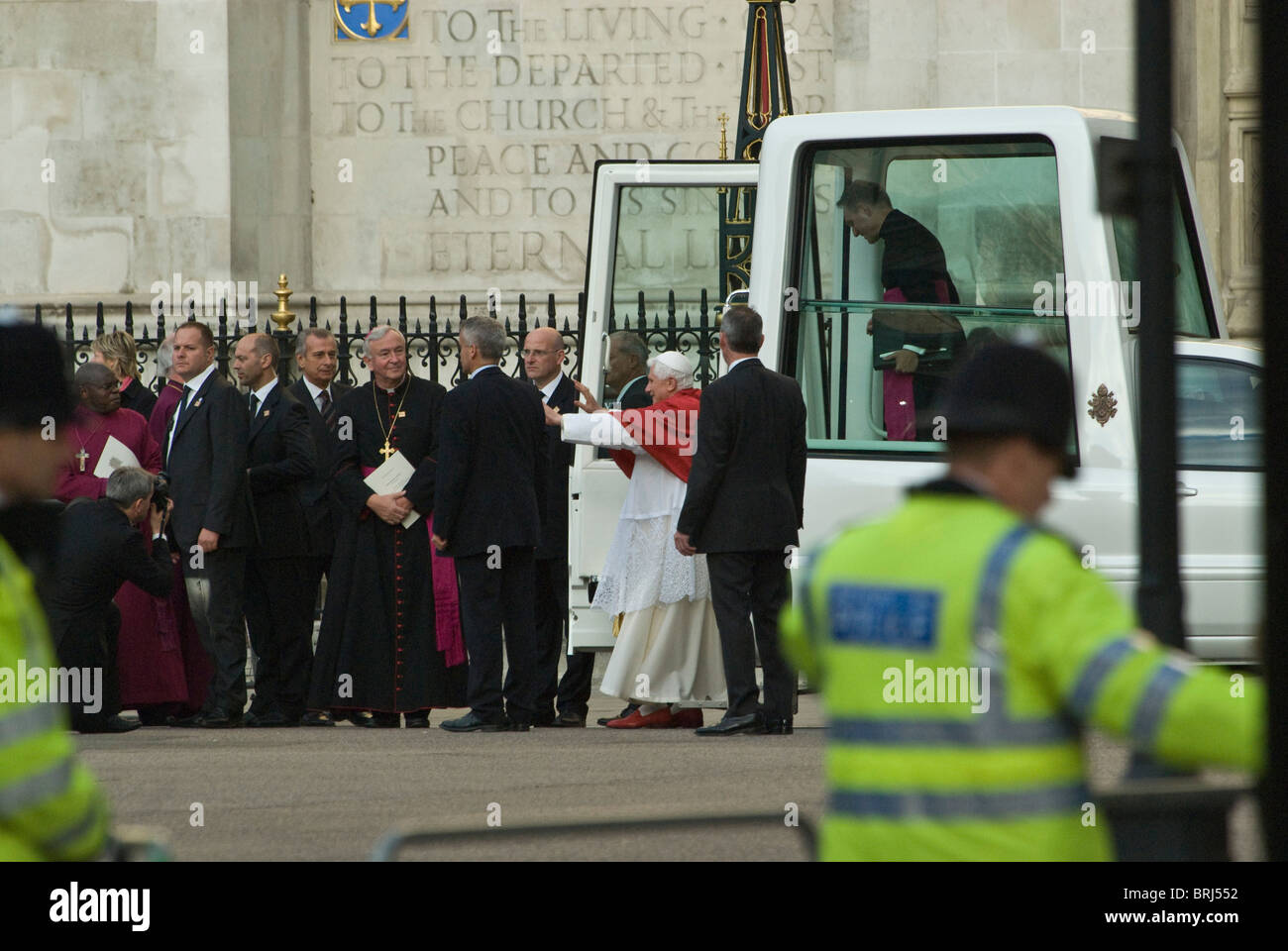 Pope Benedict XVI arrives in Popemobile outside Westminster Abbey. He ...