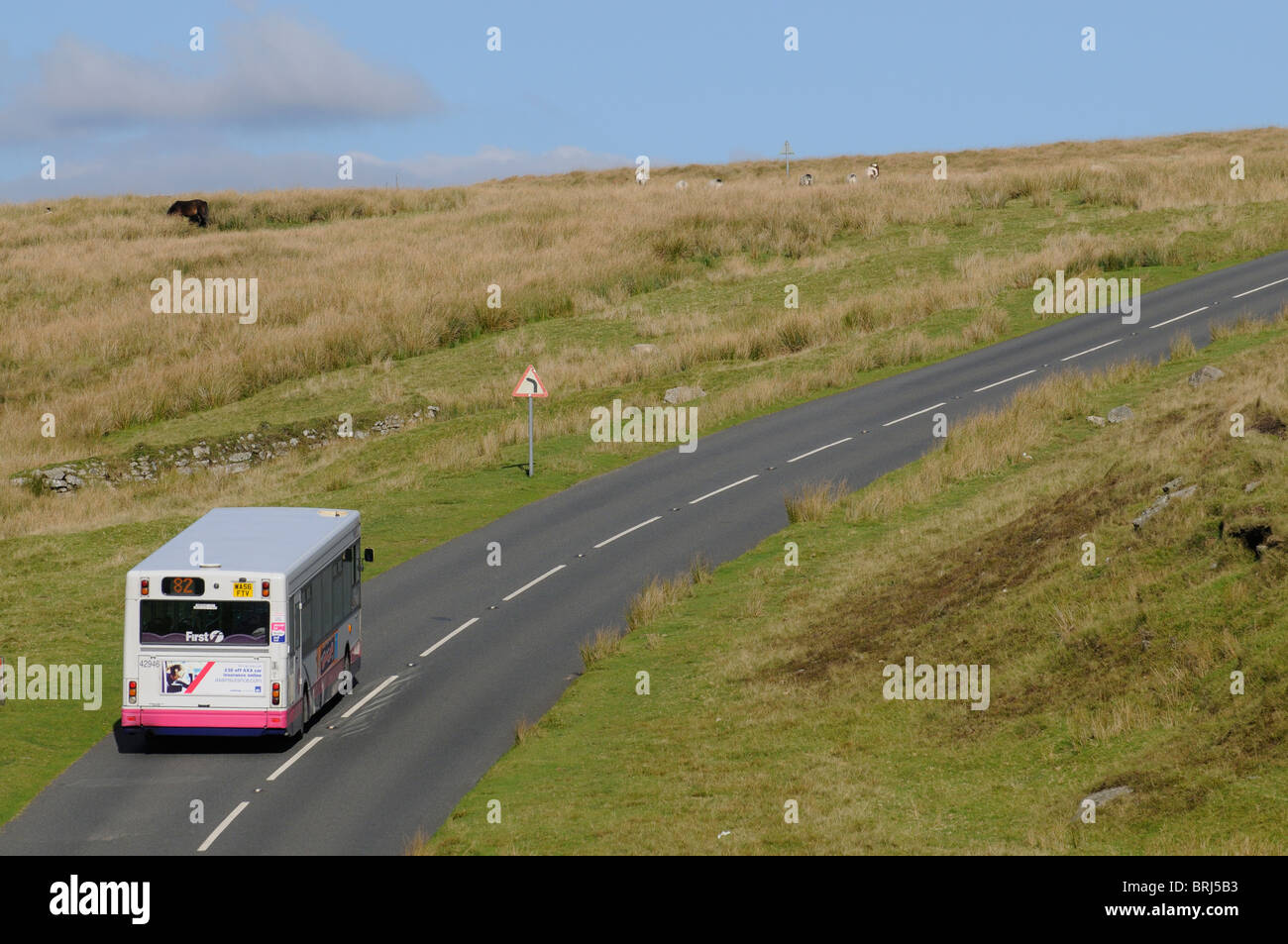 Dartmoor National Park Devon England UK A public service bus enroute ...