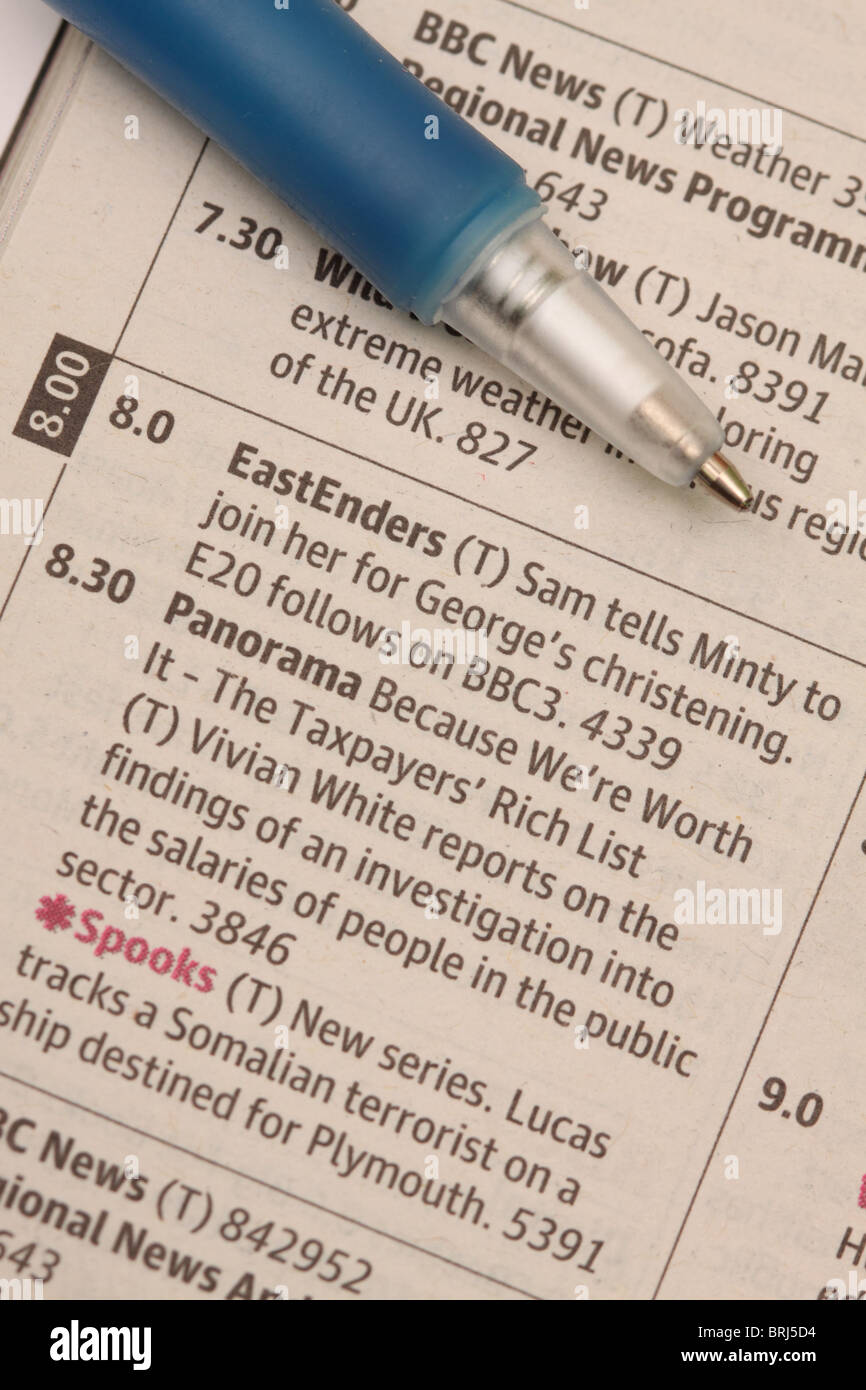 TV program listing showing BBC 1 programs Eastenders and Panorama Stock ...
