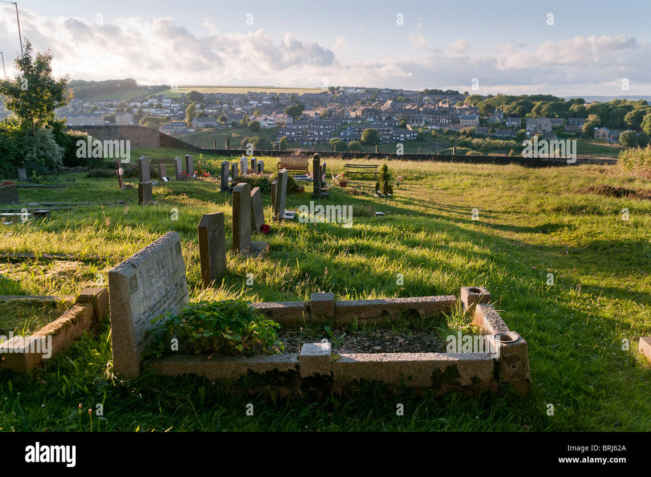 The village of Denholme West Yorkshire, seen from the graveyard of its ...