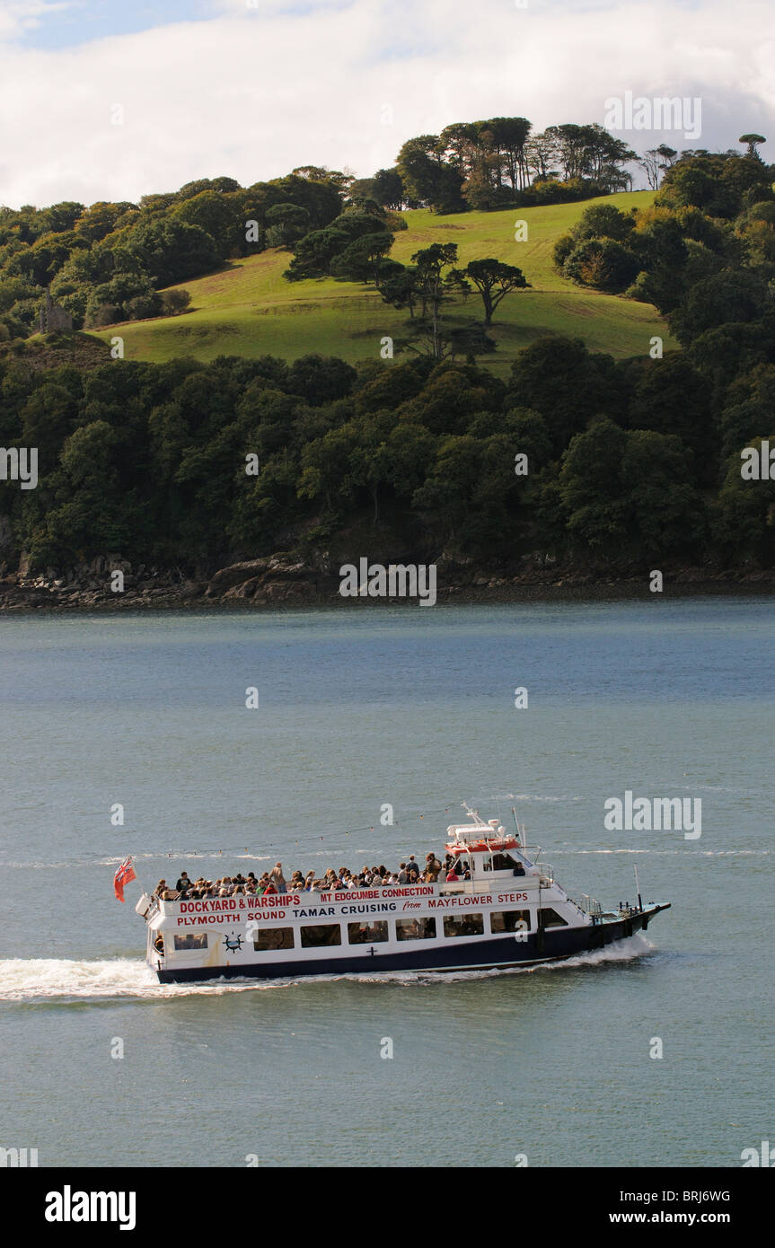 Tourist boat trip on the River Tamar Devon England looking toward the ...