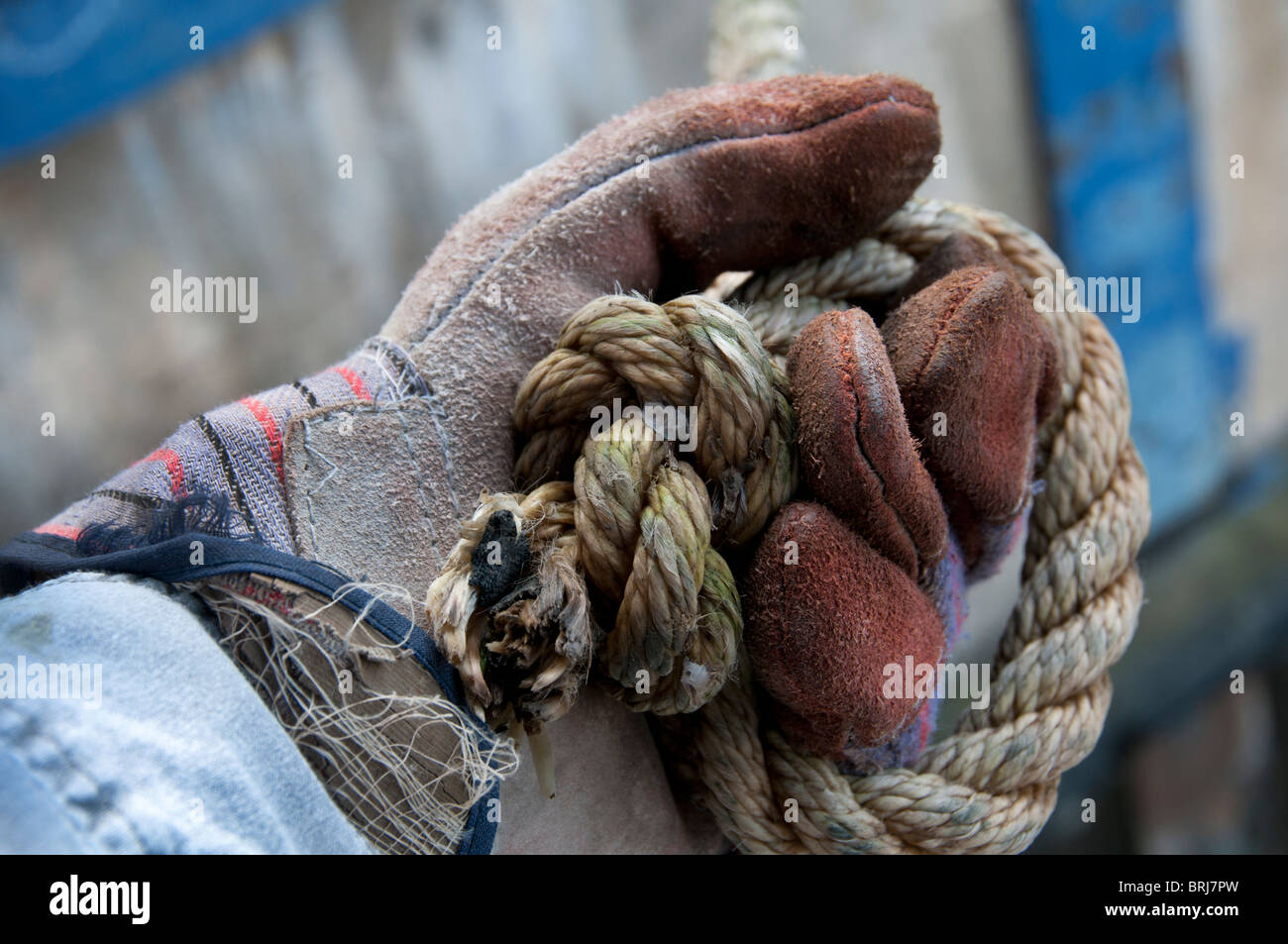 Gloved hand grasping rope Stock Photo - Alamy