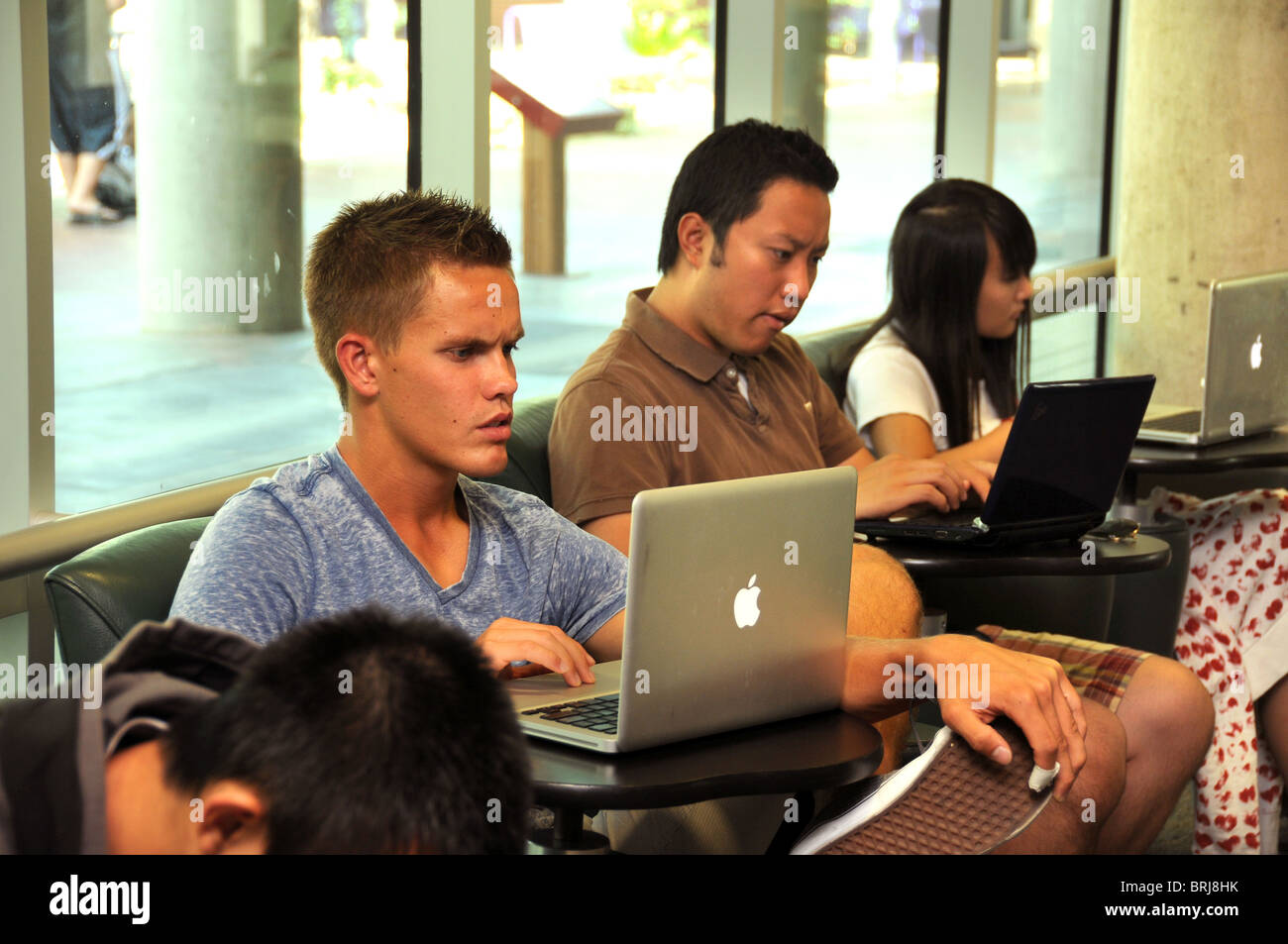 College students work on their laptops at the campus library Stock ...