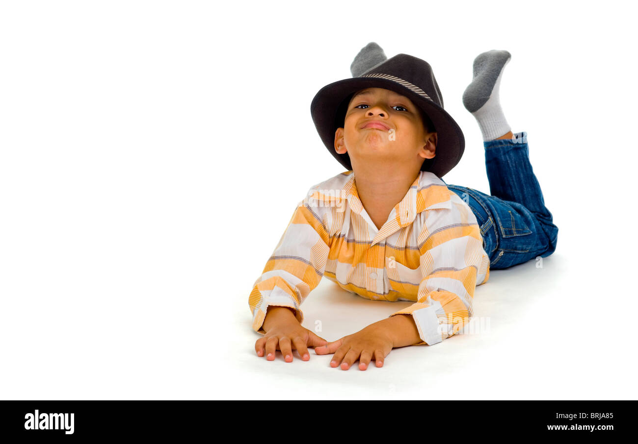 cute boy laying on the floor, isolated on white background Stock Photo ...