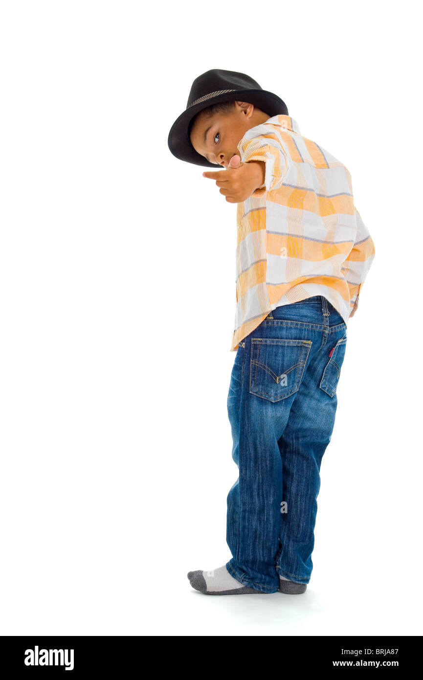 cute boy making sign to follow him, isolated on white background Stock ...