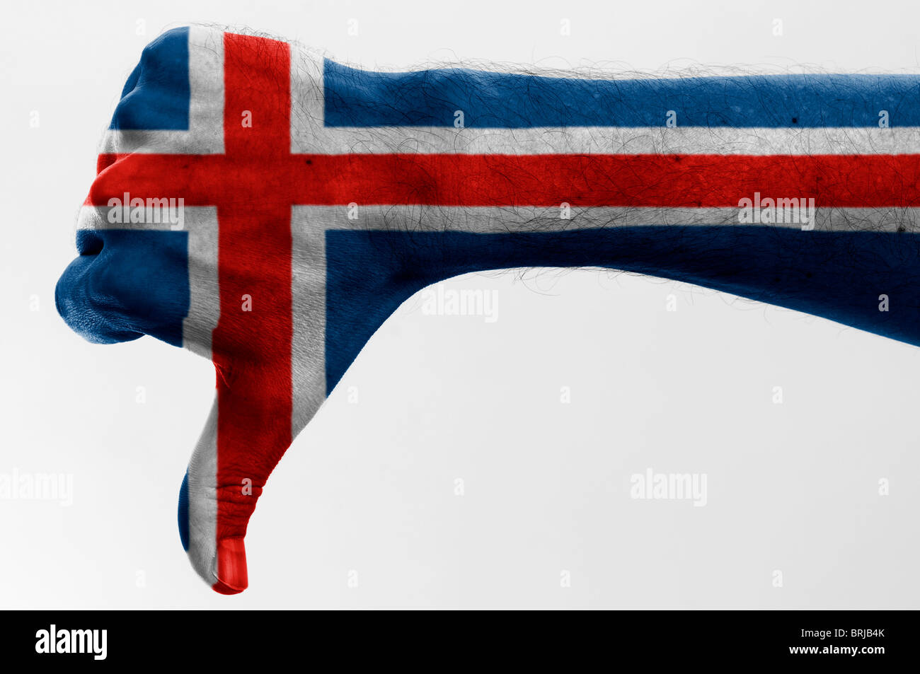 thumb down with digitally body-painted icelandish flag Stock Photo - Alamy