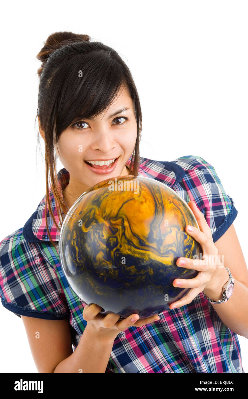 pretty woman with bowling ball, isolated on white background Stock ...