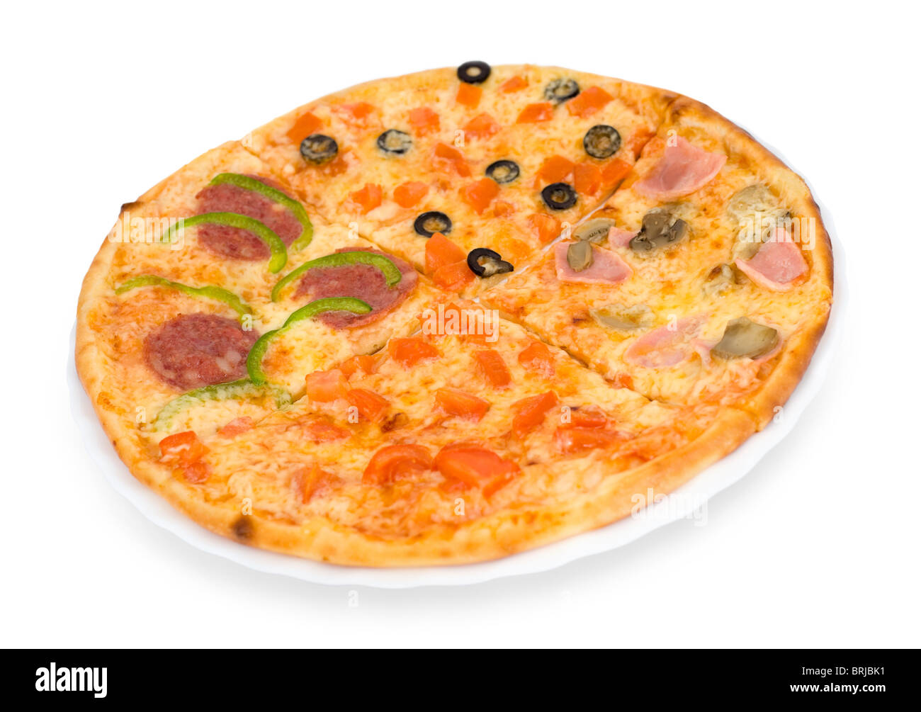 four quarters of different kinds of pizza on one dish, isolated on ...