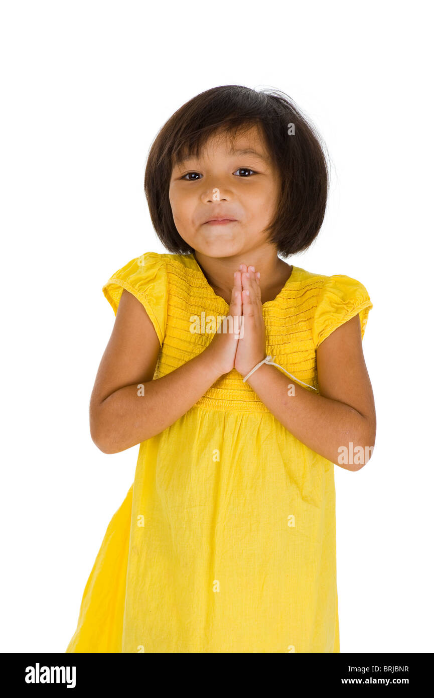 cute girl with typical asian welcome expression, isolated on white ...