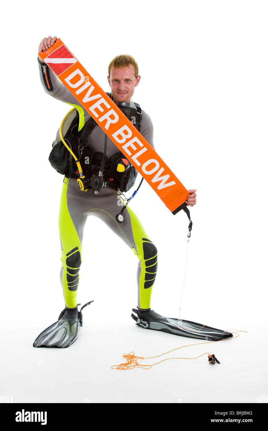 handsome diver with safety balloon, isolated on white background Stock ...