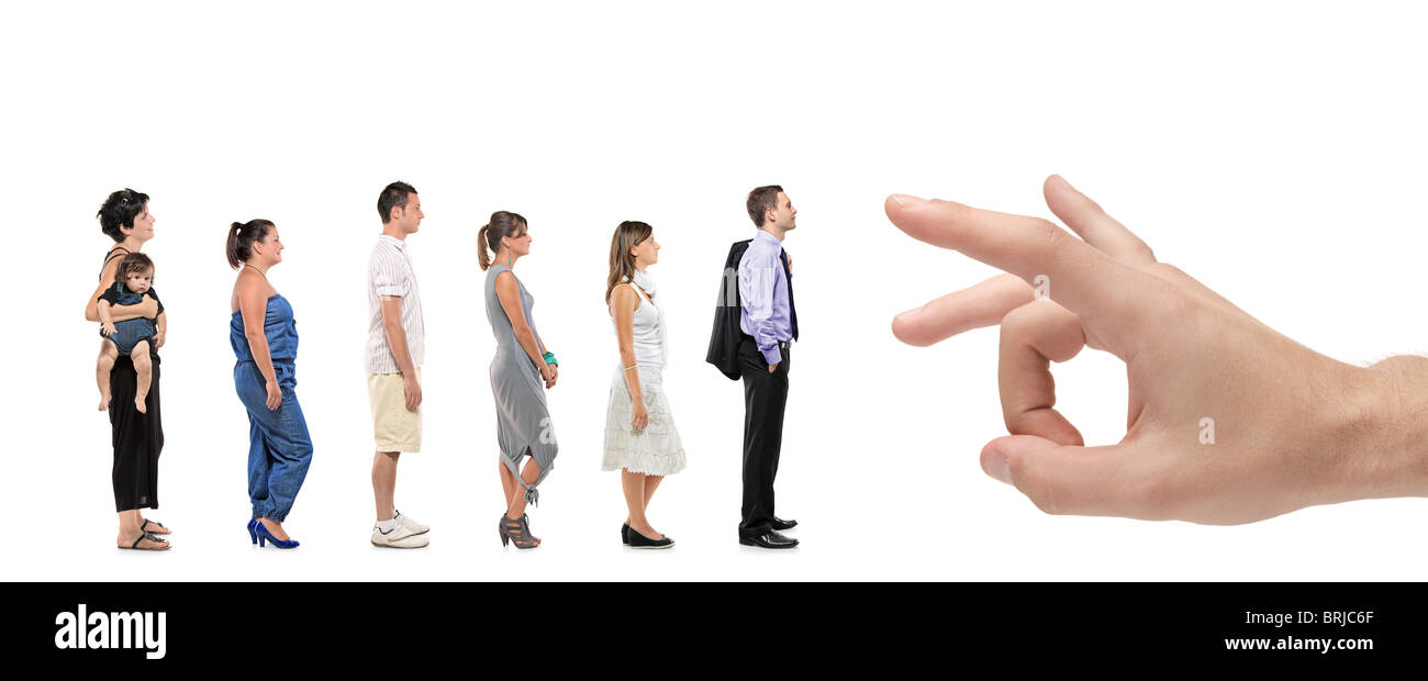 Full length portrait of men and women standing together in a line with ...