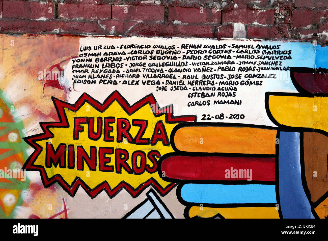 Mural by the Brigada Ramona Parra with names of the 33 miners trapped ...