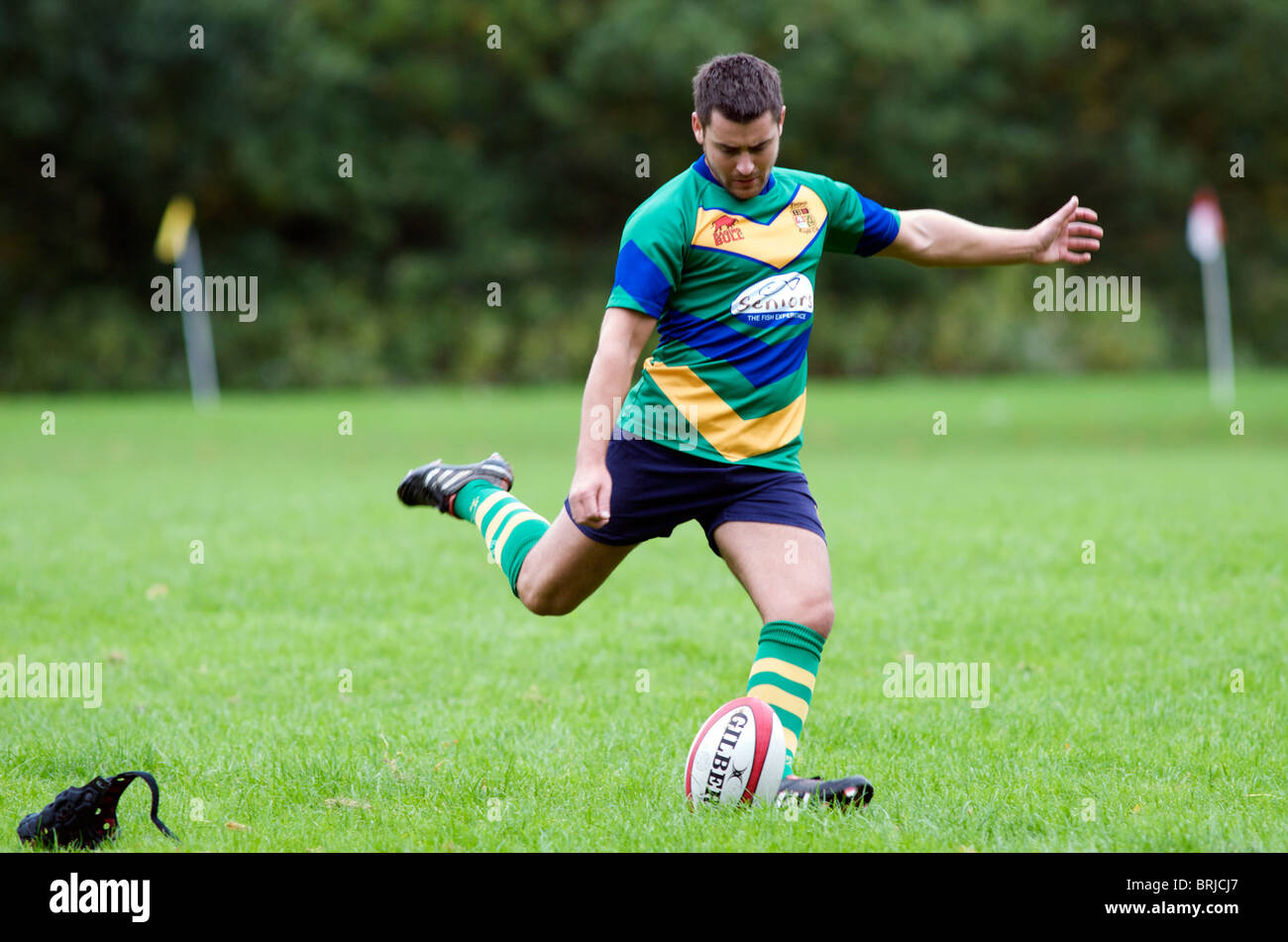 rugby player kicks the ball for a conversion Stock Photo - Alamy