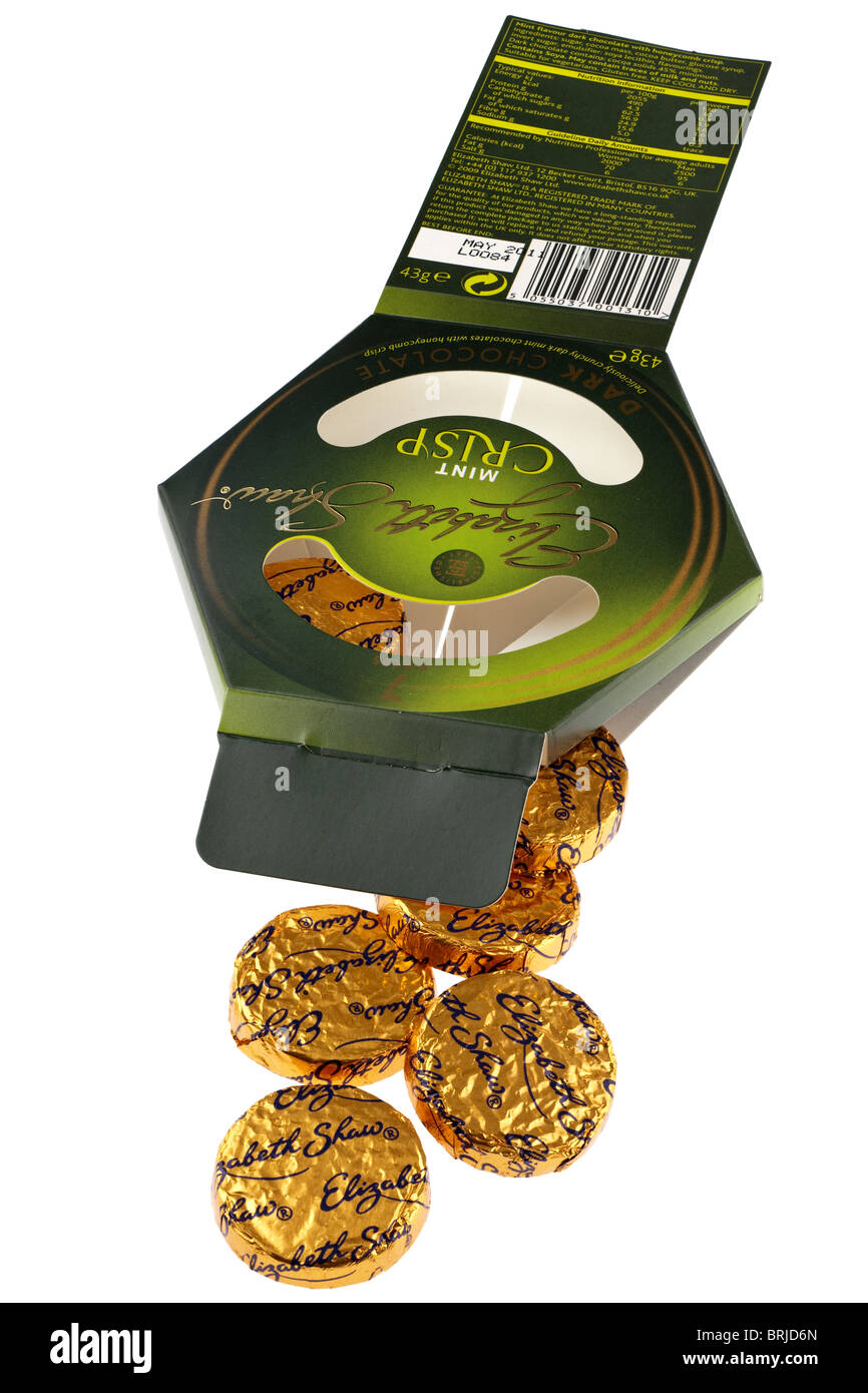 Box of Elizabeth Shaw dark chocolate mint crisp circular wrapped ...