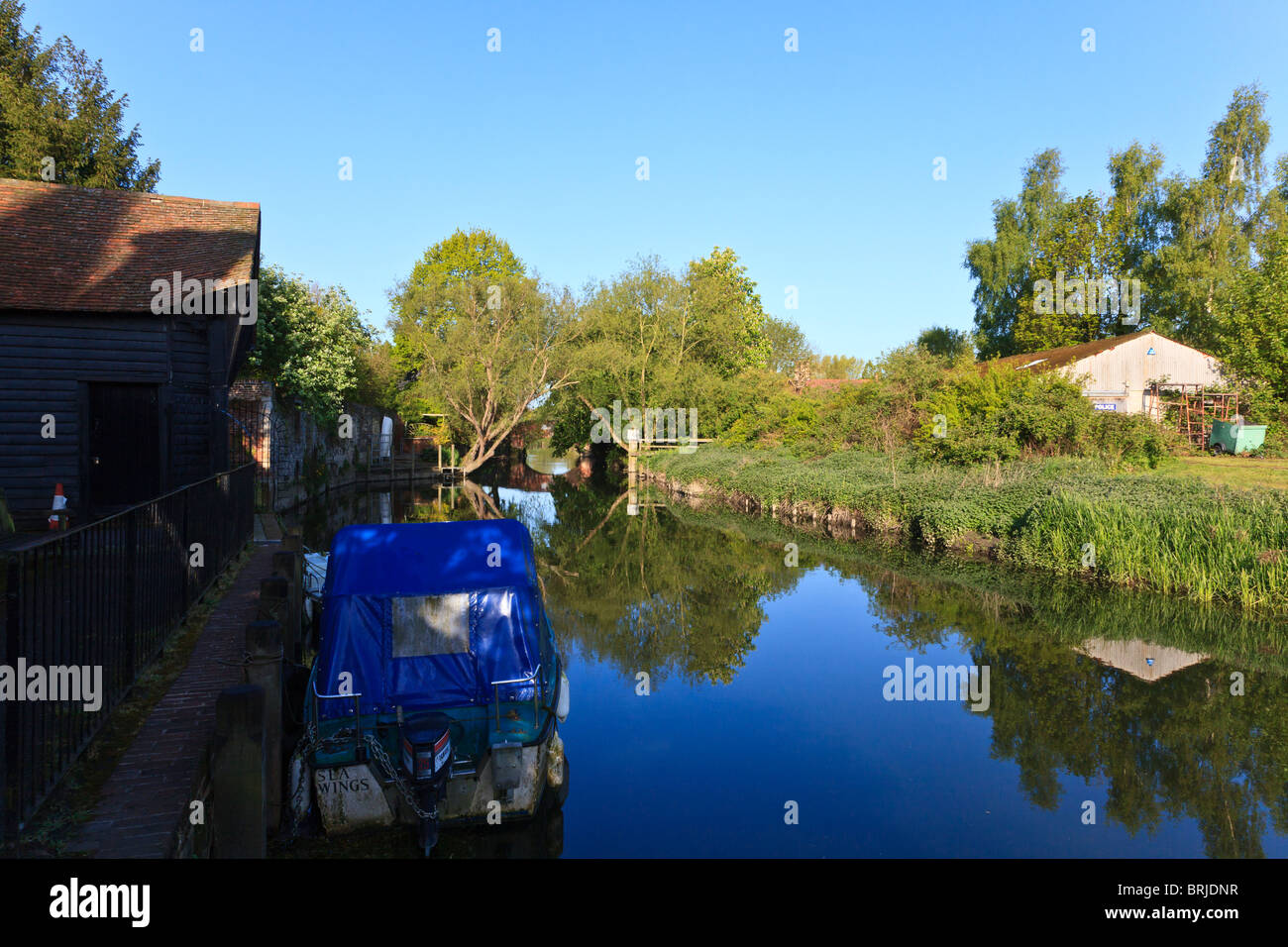 A view of the River Stour and moored boats at Fordwich, near Canterbury ...