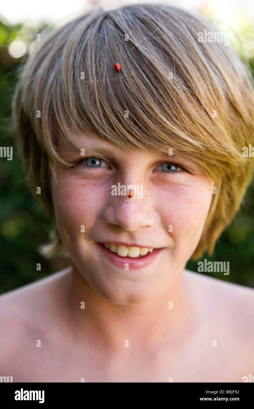 Boy with lady bugs on his nose and head Stock Photo - Alamy