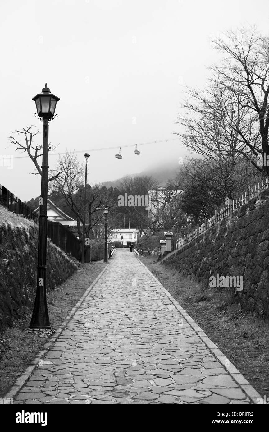Cobblestone street in Hakodate with Mount Hakodate Gondola in ...