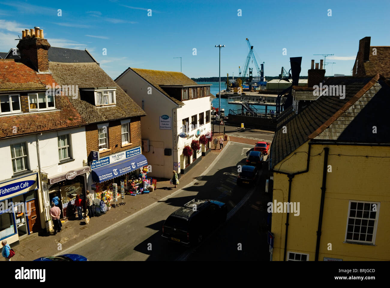 View of Poole quay, Dorset England UK 2010, and shops from Poole Museum ...