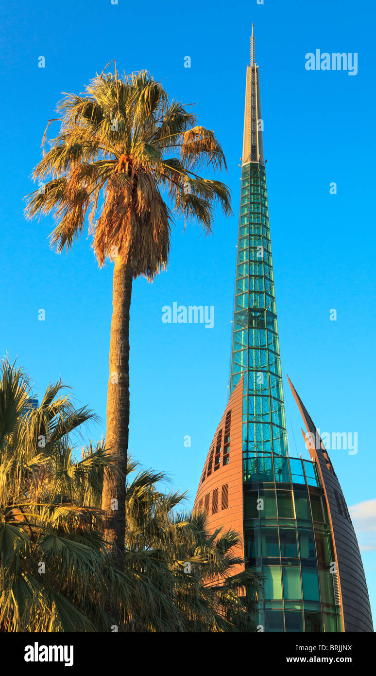 Palm tree beside thew Swan Bell Tower, Perth, Western Australia Stock ...