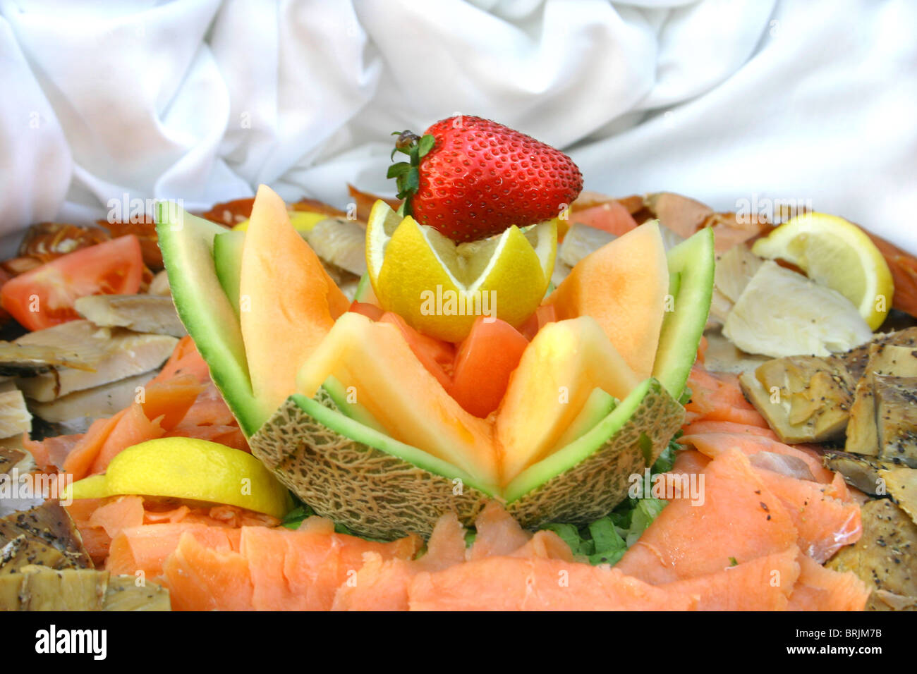 A circular party buffet tray: appetizers being served include smoked ...
