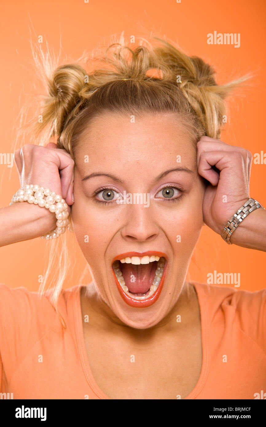 Closeup stressed young woman yelling hi-res stock photography and ...