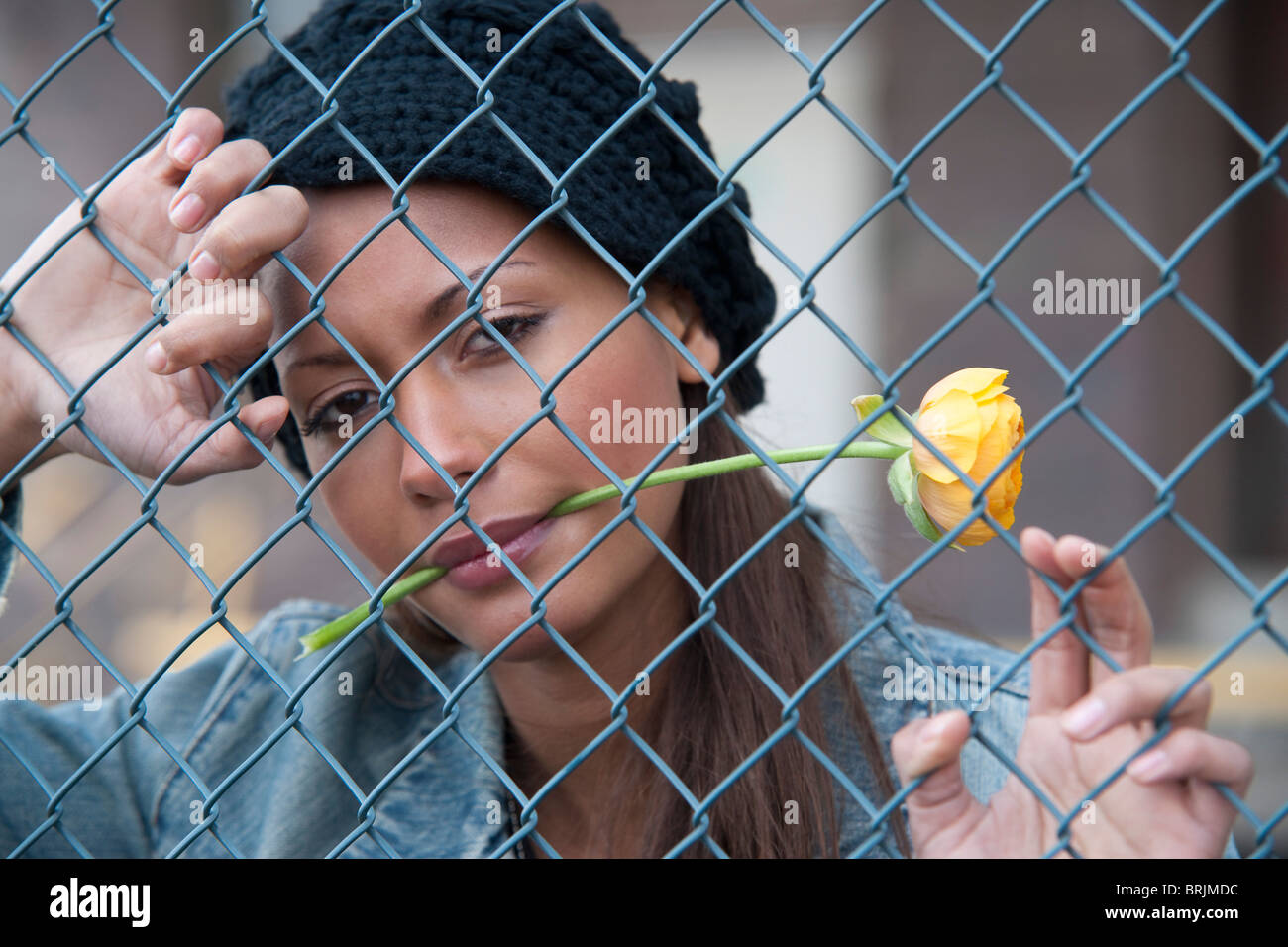 Portrait of Woman behind Fence Stock Photo - Alamy