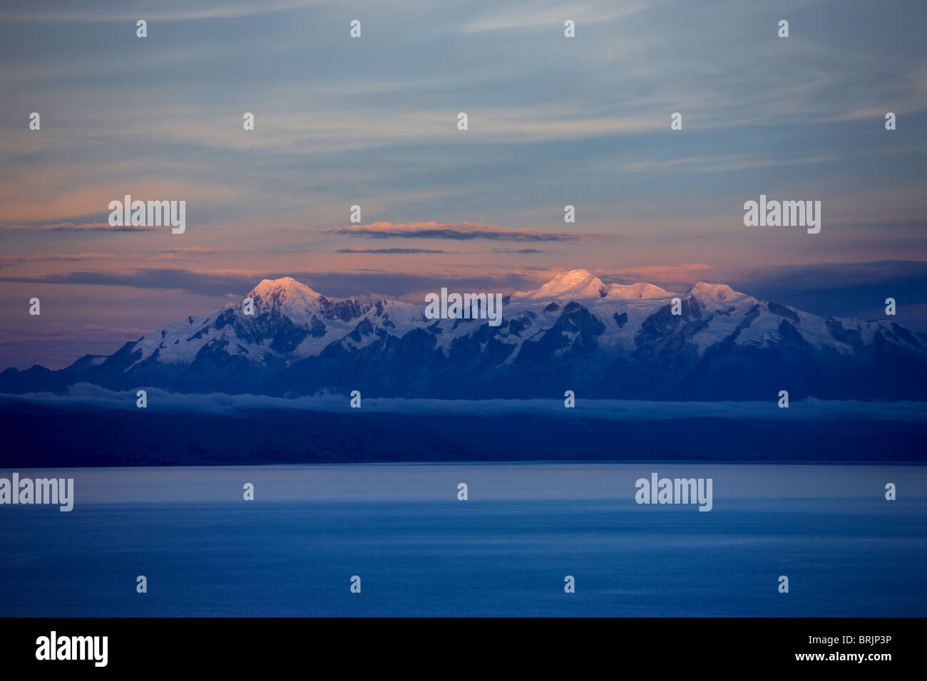 the Cordillera Real in the Andes from Lake Titicaca, Bolivia Stock ...