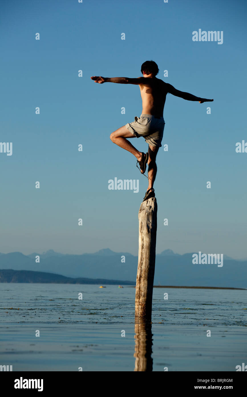 Man balances on log in British Columbia Stock Photo - Alamy