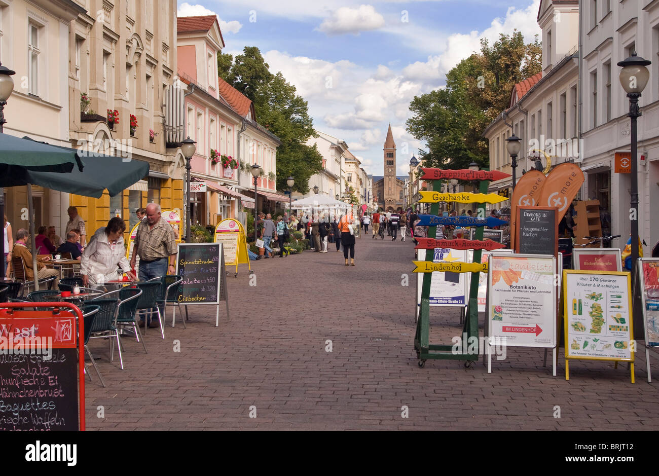 Cafes lining the main pedestrianised street, Potsdam, Berlin, Germany ...