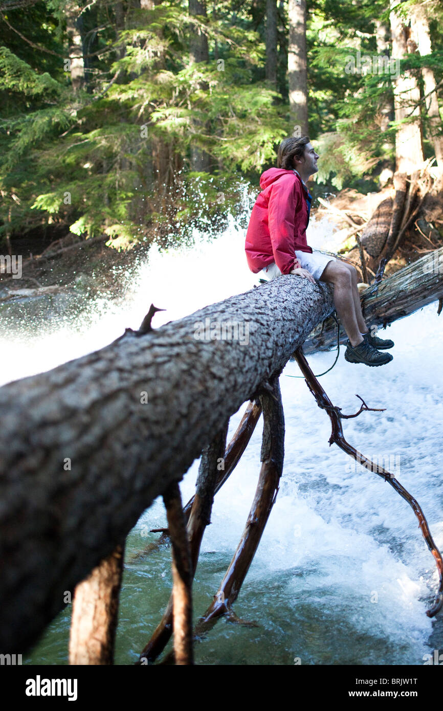 A young man sits on a log over a waterfall in Idaho Stock Photo - Alamy