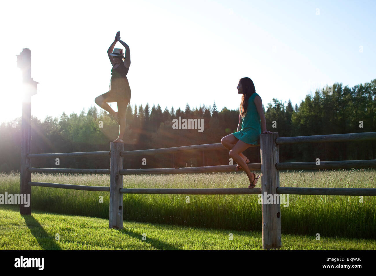 Two young women balancing on a wooden fence next to a green field Stock ...