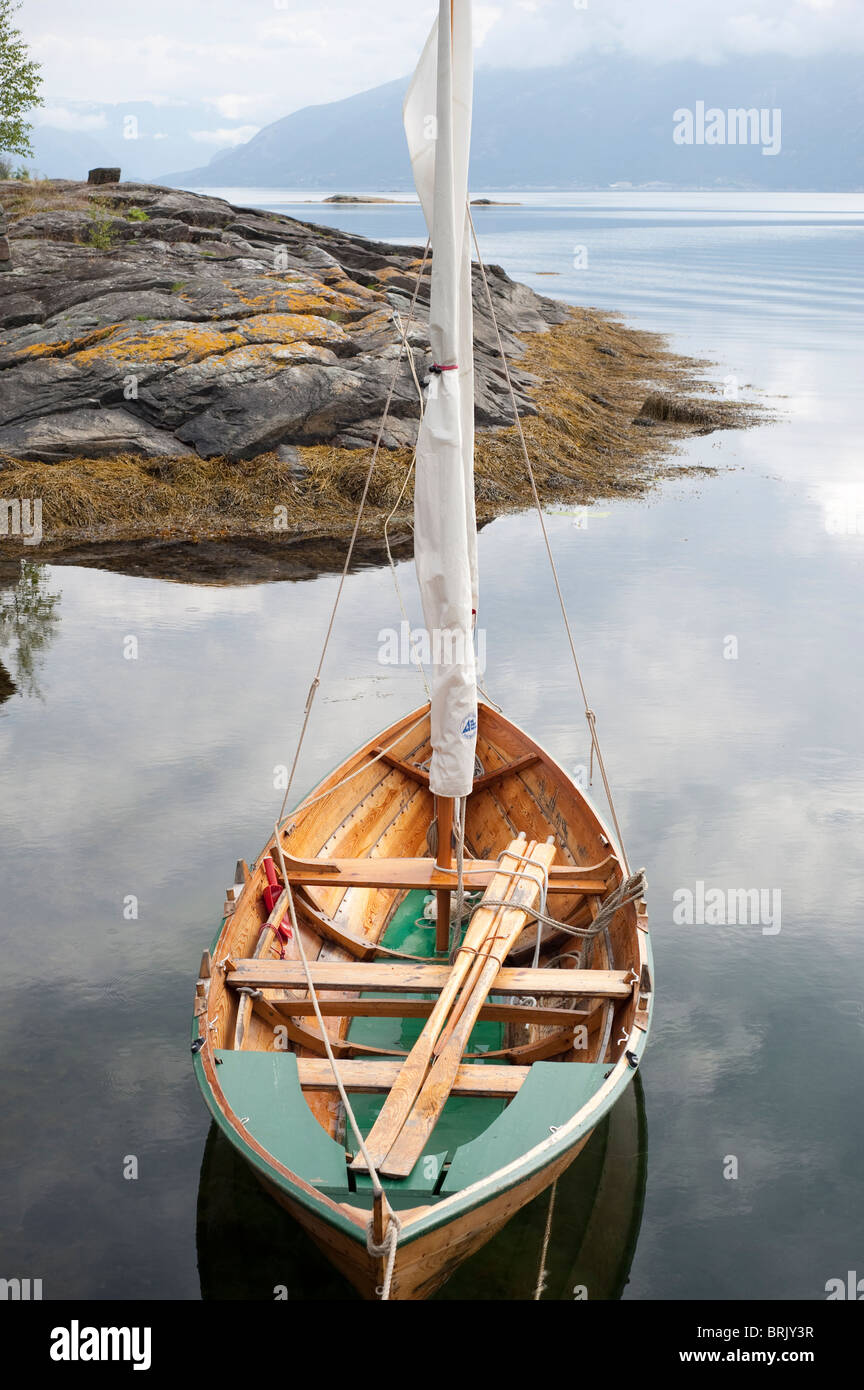 Wooden sailboat on fjord Stock Photo - Alamy
