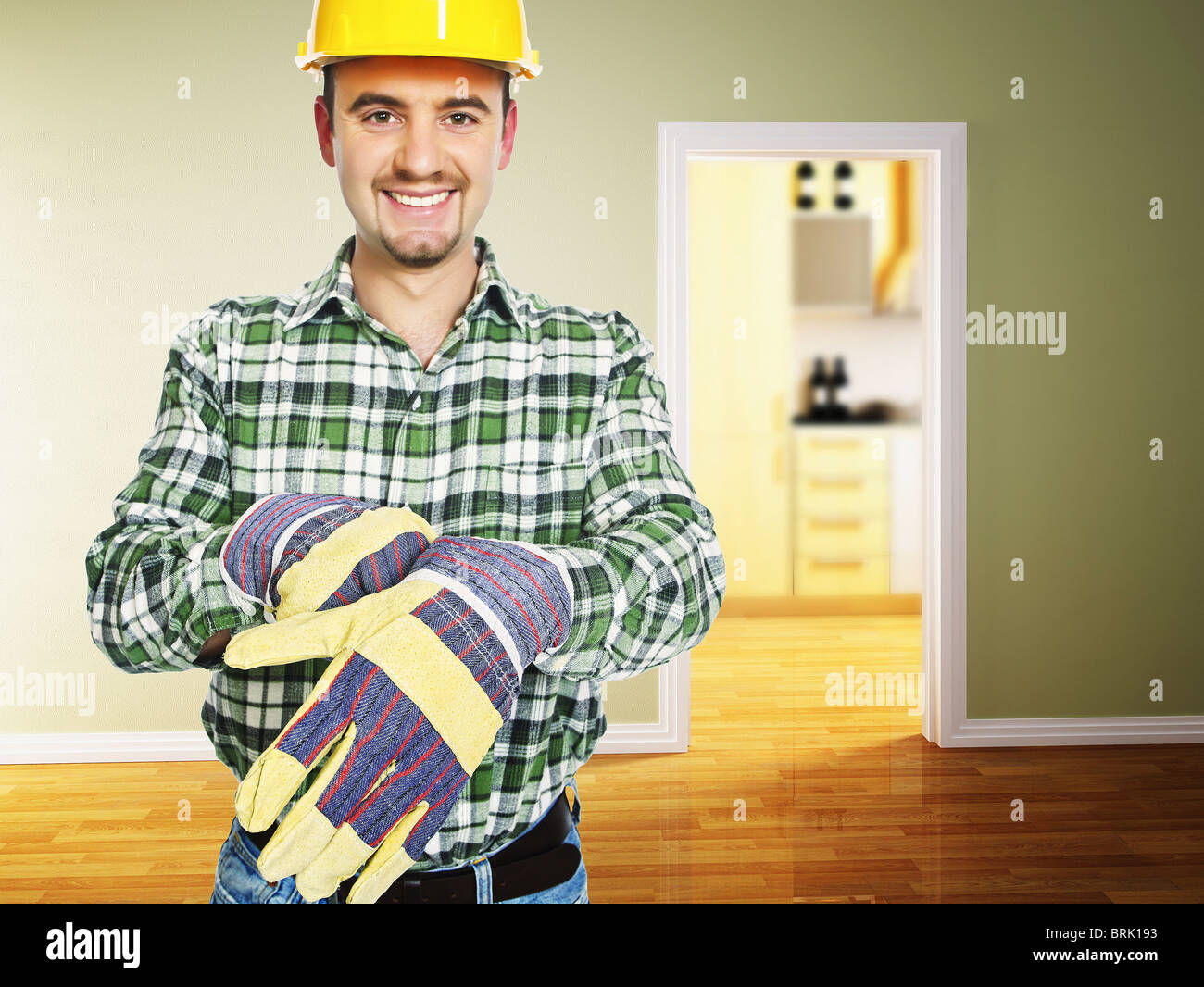 smiling handyman ready to work in interior 3d Stock Photo - Alamy