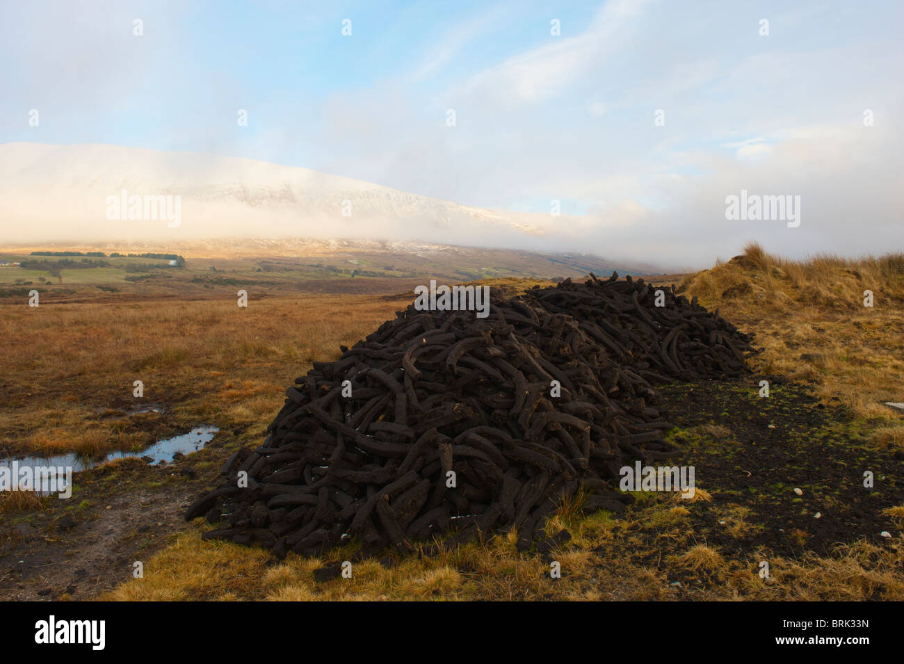 A stack of turf in the bog in county Mayo, Ireland Stock Photo - Alamy
