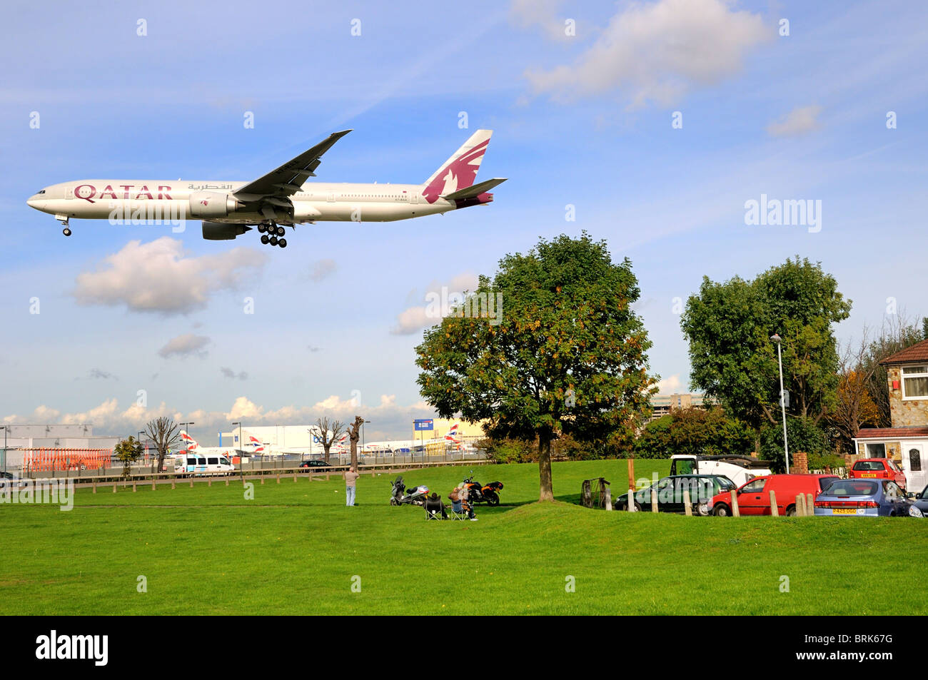 Low flying passenger aircraft landing at Heathrow airport, London Stock ...