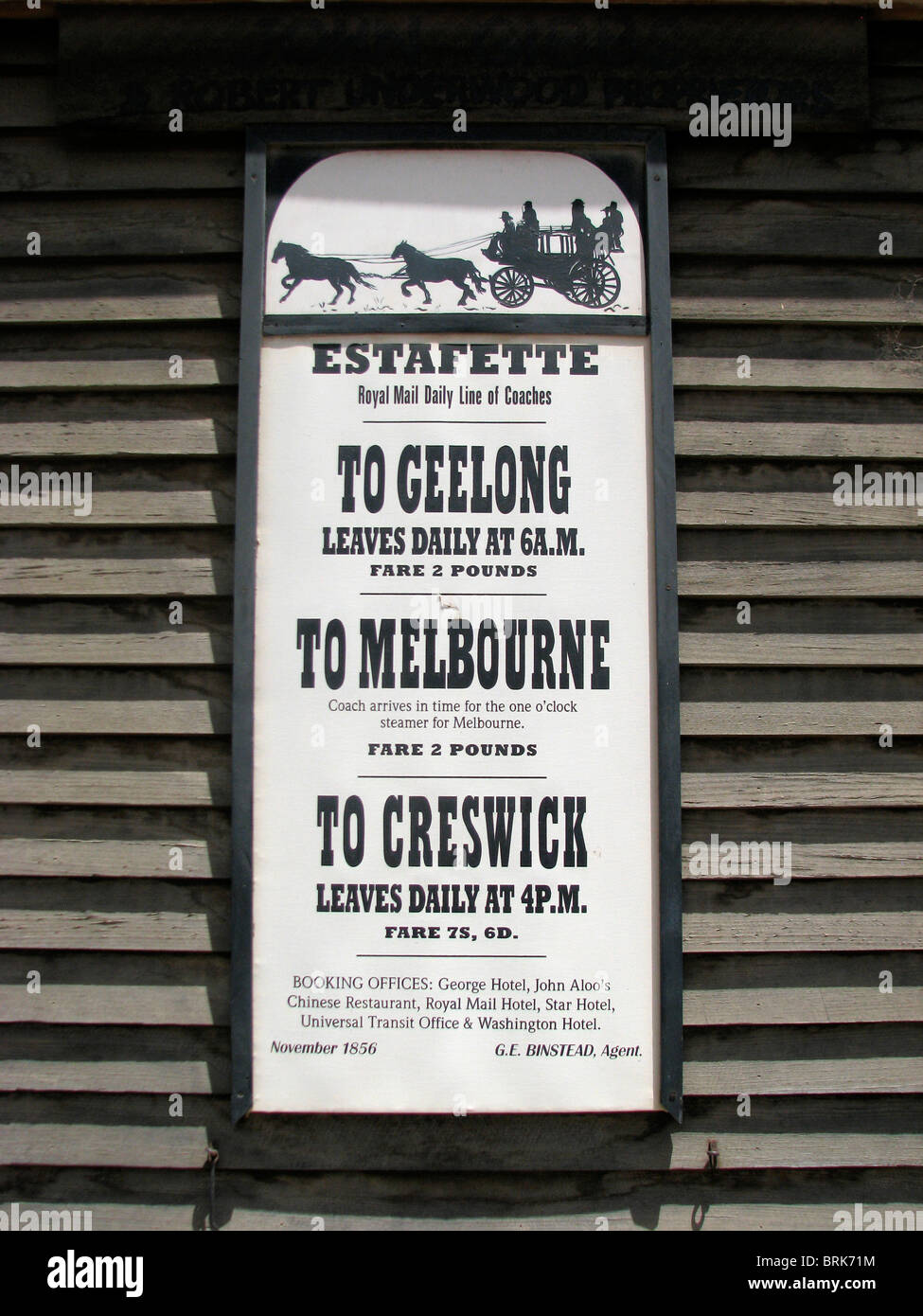Historic stagecoach sign from Geelong to Melbourne, Victoria, in ...