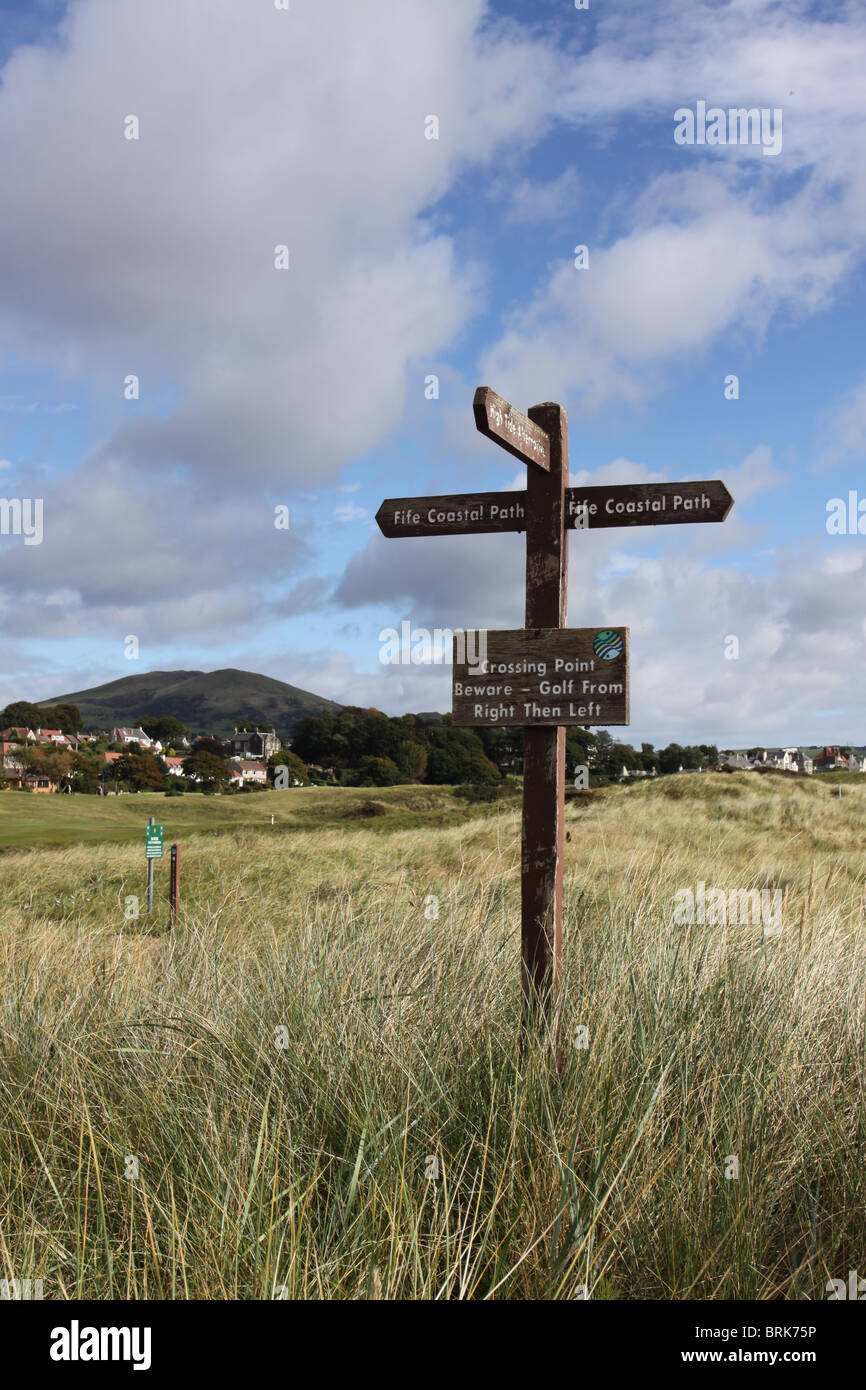 Fife Coastal Path signpost with village of Lower Largo Fife Scotland ...