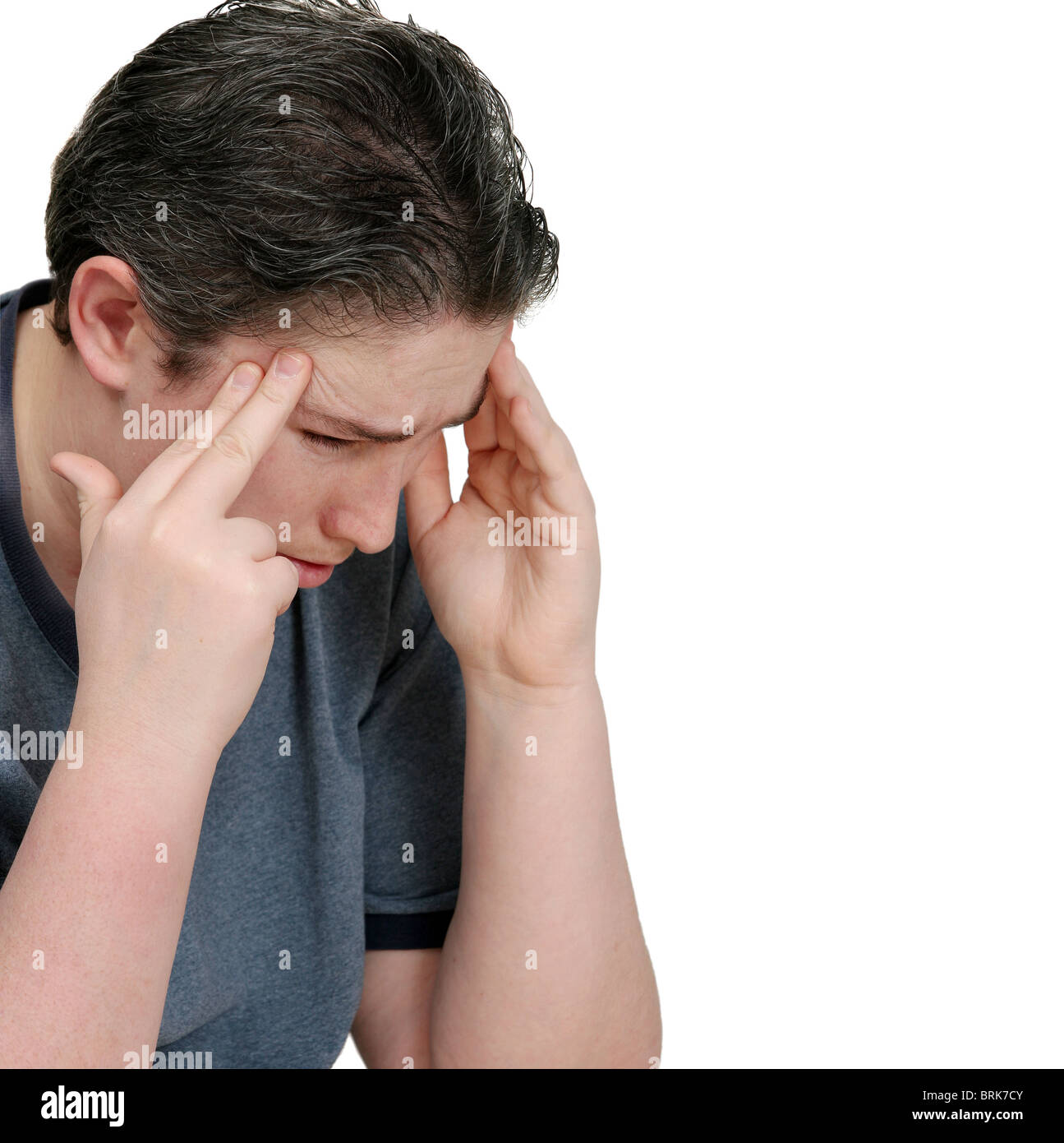 one headshot of a 30s caucasian man over white with blurred vision and ...