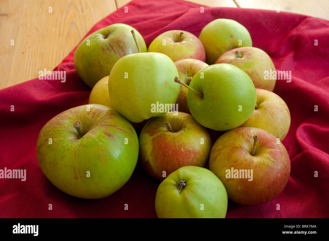 Autumn fruits - Bramley apples, Cox's Orange Pippin and small green ...