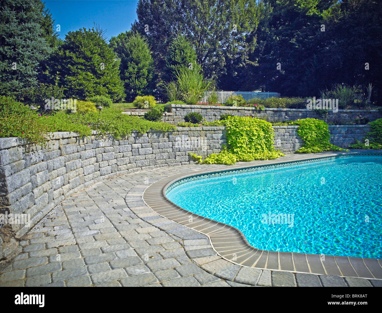 Brick stone patio swimming pool Stock Photo - Alamy