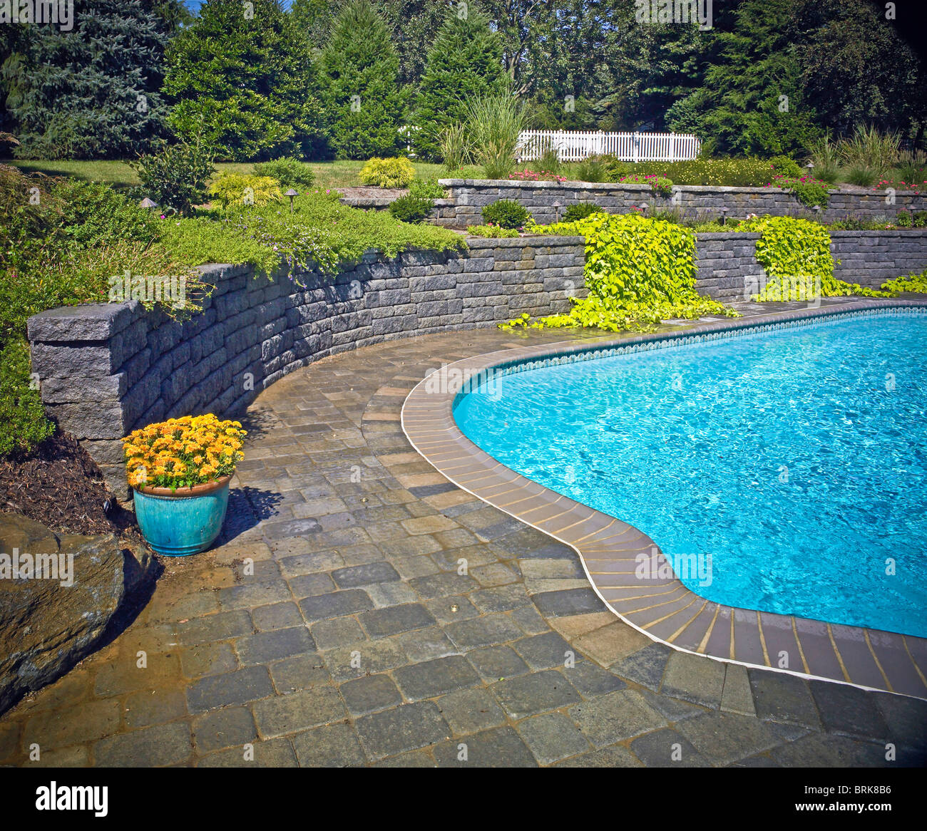 Brick stone patio swimming pool Stock Photo - Alamy