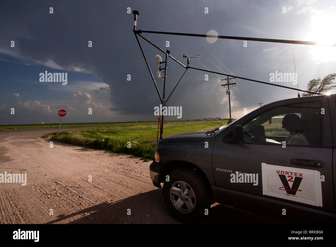 Project Vortex 2 storm chasers parked alongside the road in Kansas, May ...